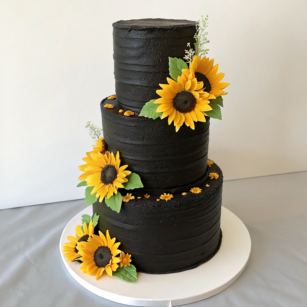 Black Buttercream Wedding Cake with Sunflowers | Cape Town